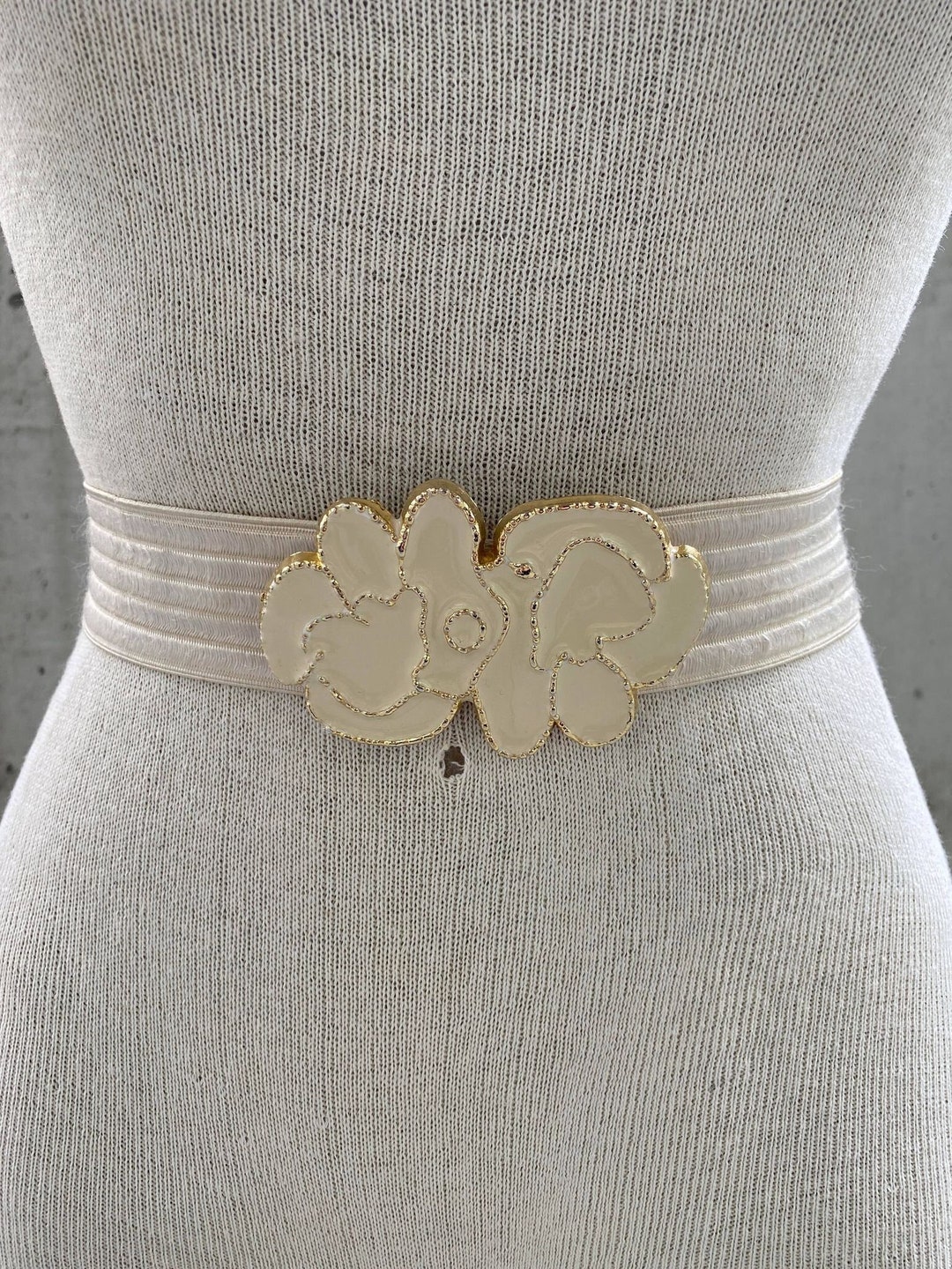 80s off White Beige Elastic Wedding Belt, Enamel Chunky Abstract ...