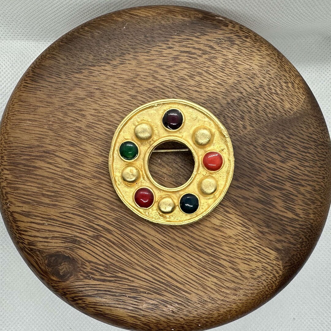 80s Gold Tone Hammered Disc Brooch, Byzantine Etruscan Style Pin, Gold ...