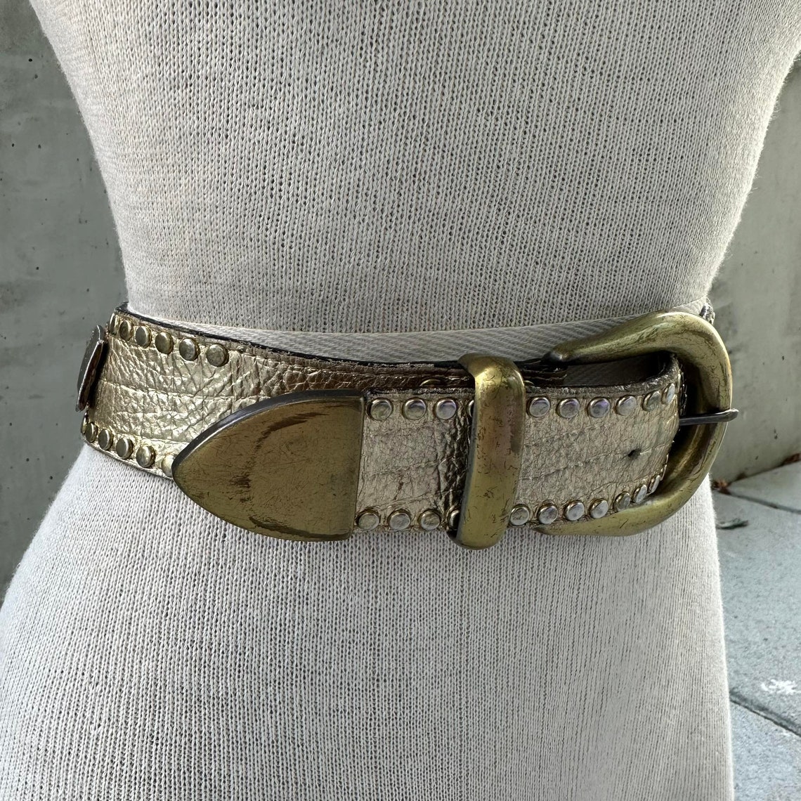 90s Leatherock Belt, Vintage Gold Tone Studded Leather Belt, Gold Metal ...