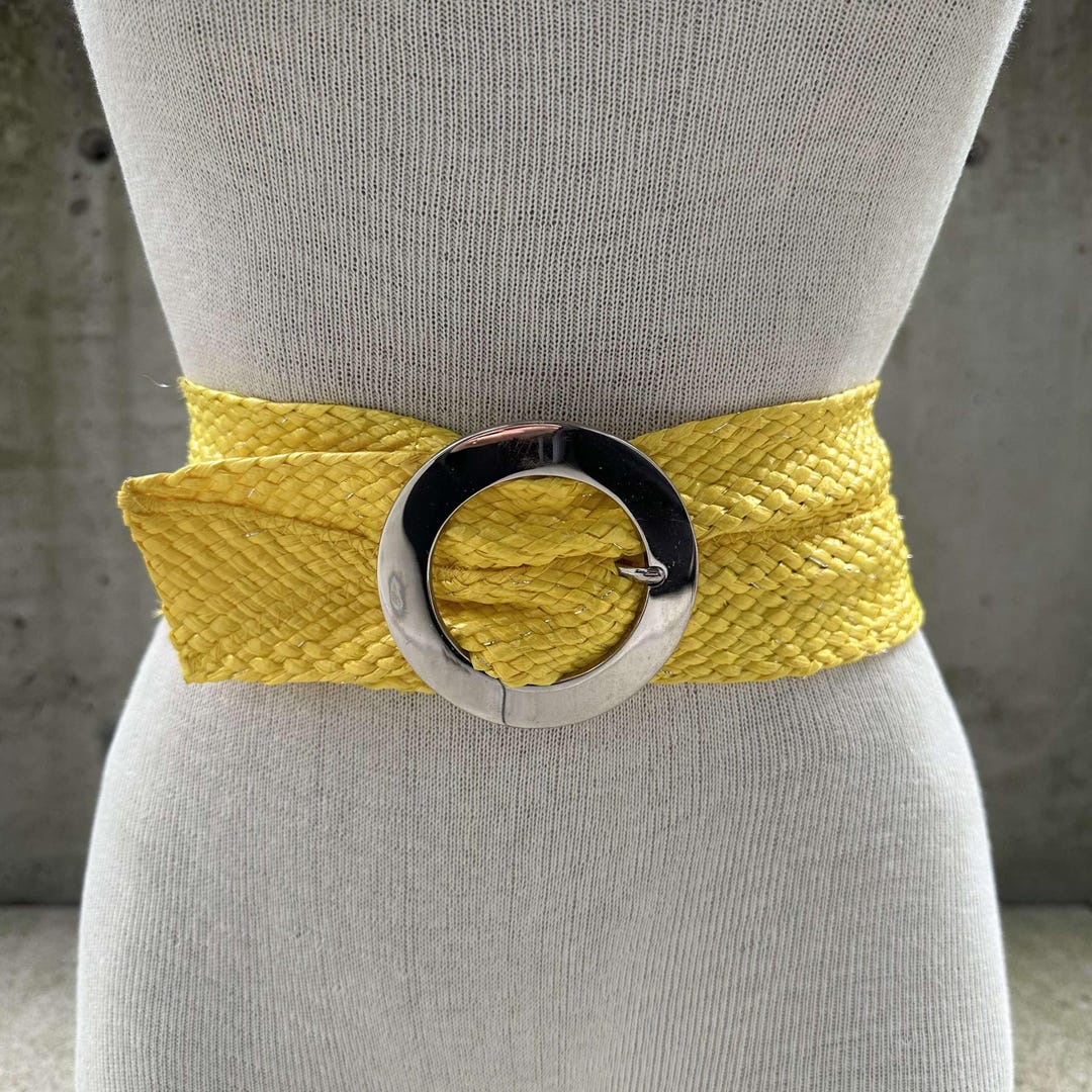 90s Milor Belt, Yellow Raffia Wide Belt, Chunky Silver Tone Buckle ...