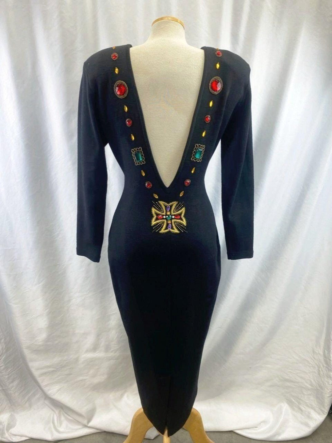 90s Andrea Jovine Black Dress, Pure Wool Knit Dress, Black Dress Embellished With Rhinestones ...