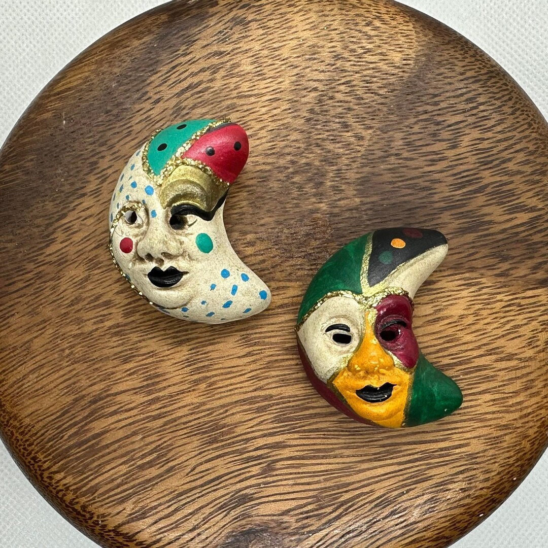 1980s Moon Jester Mask Brooch, Vintage Venetian Carnival Pin, Colourful ...