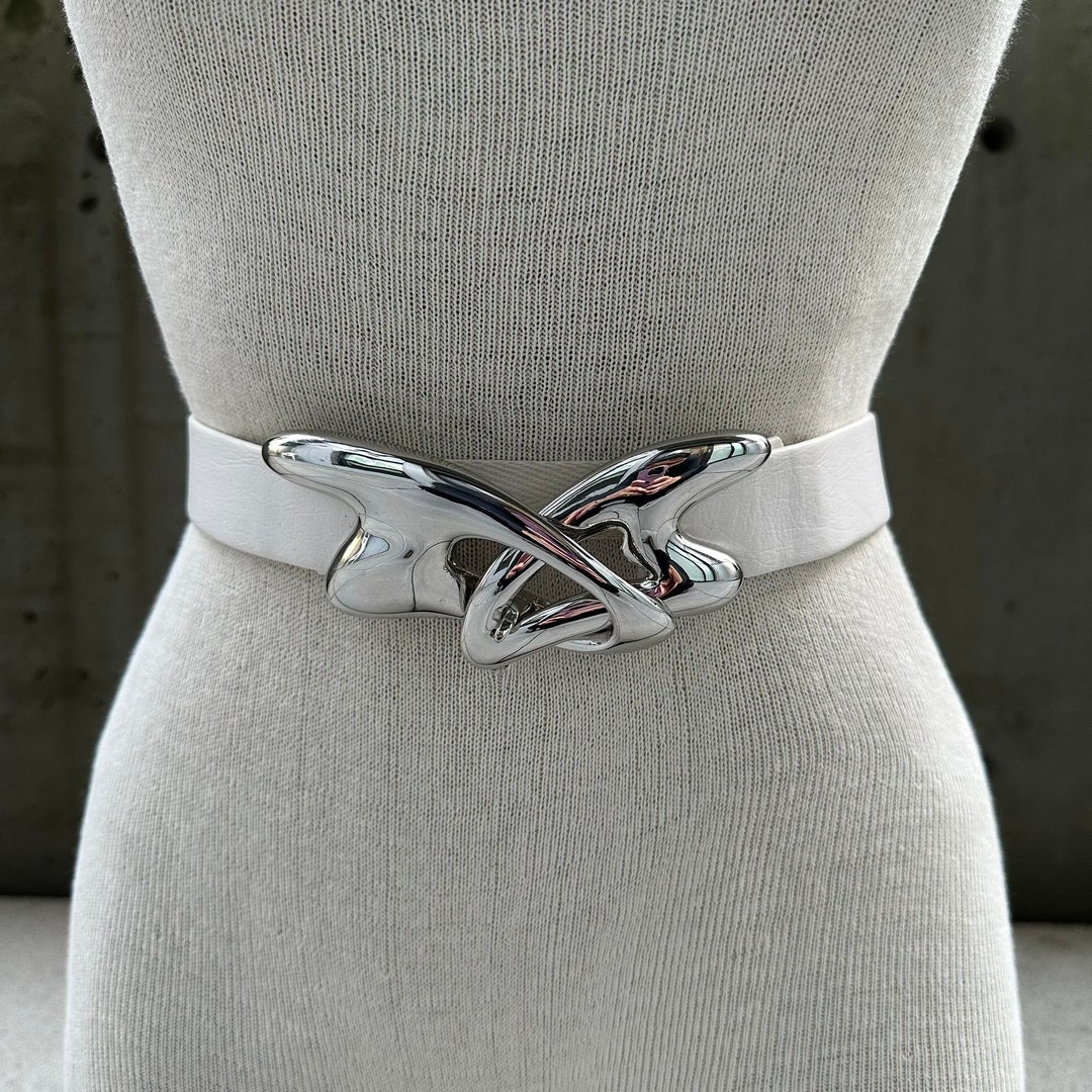 80s off White Belt, Vintage Faux Leather Belt, Silver Tone Abstract ...