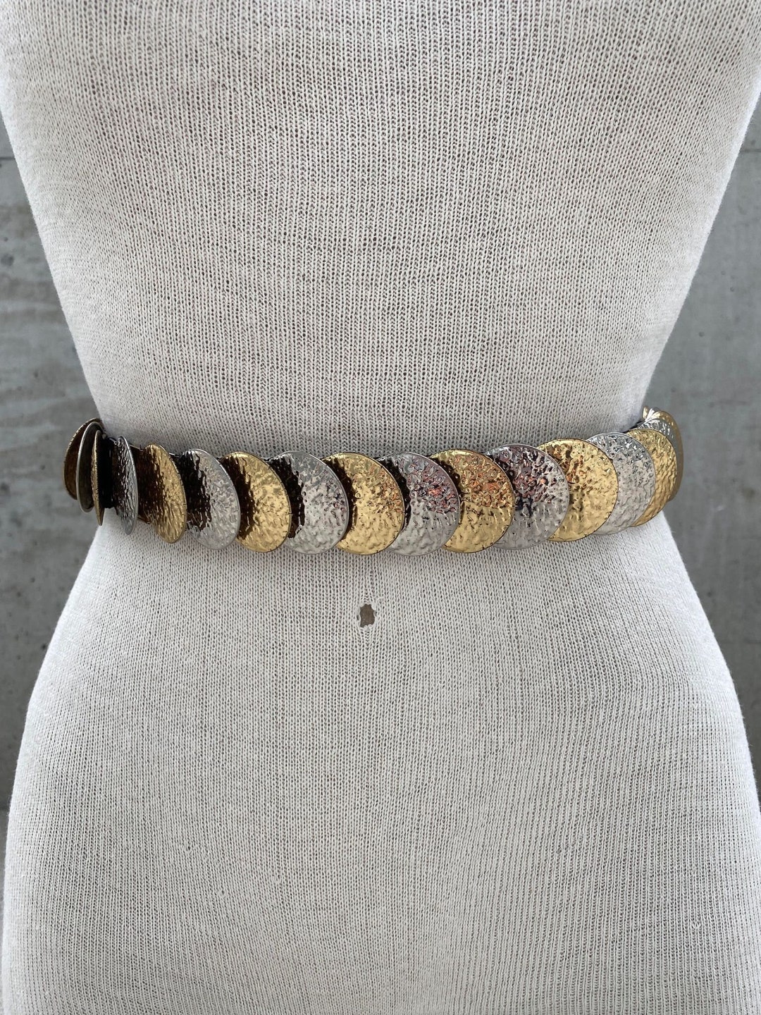 80s Gold and Silver Disc Scale Elastic Belt, Vintage Medallion Stretch ...