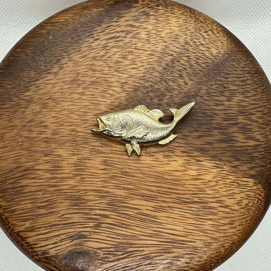 80s Big Mouth Bass Fish Brooch, Vintage Gold Tone Fish Pin, Sport ...