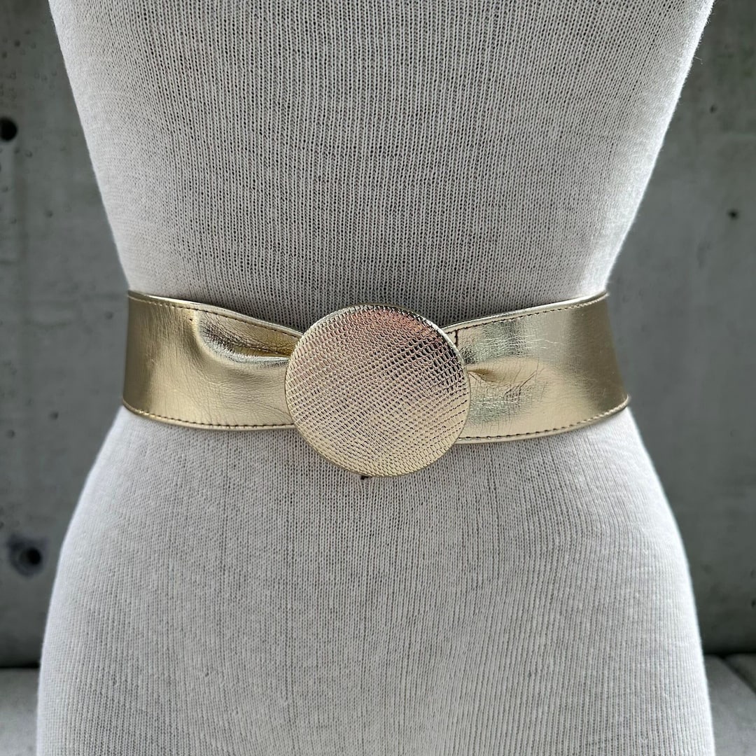 Vintage Astor Belt, 80s Gold Tone Metallic Belt, Covered Gold Button ...