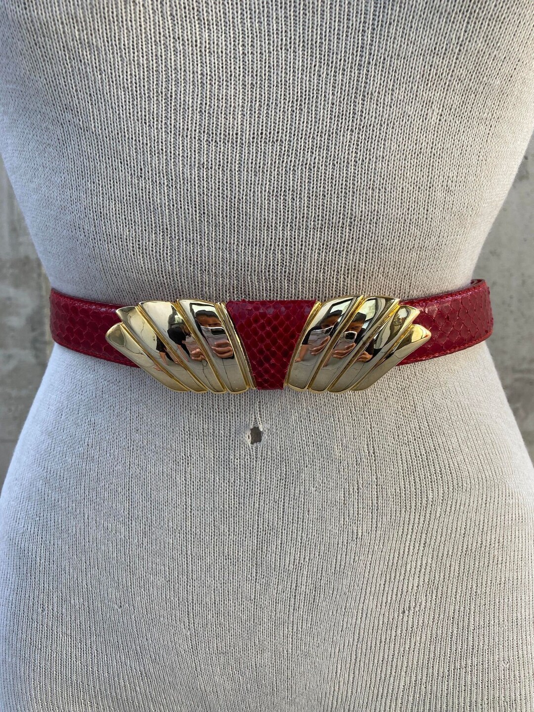 80s Red Genuine Reptile Veritable Belt, Vintage Red Waist Belt, Gold ...