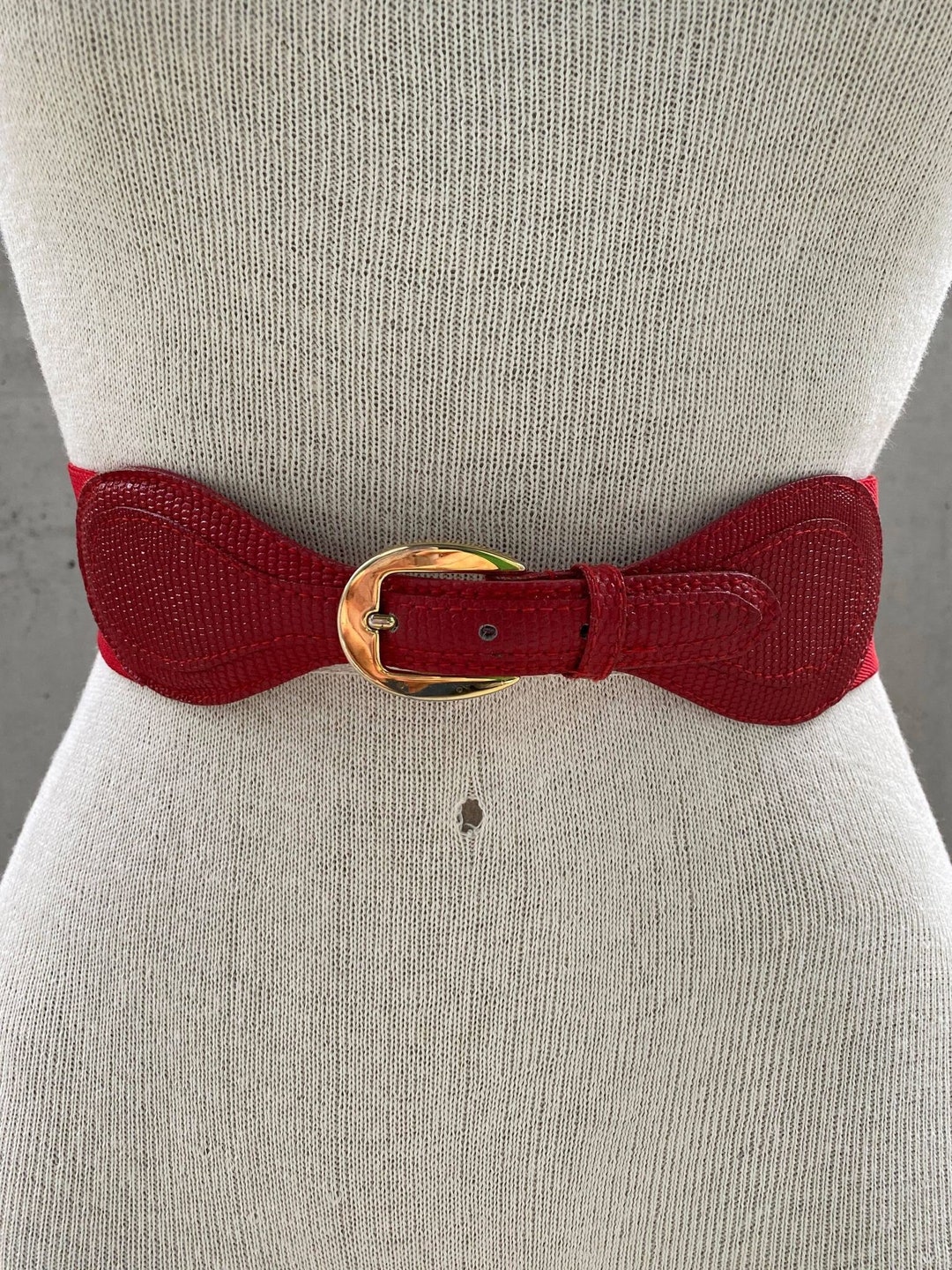 Vintage Cherry Red Elastic Belt, 80s Genuine Leather Elasticated Waist ...