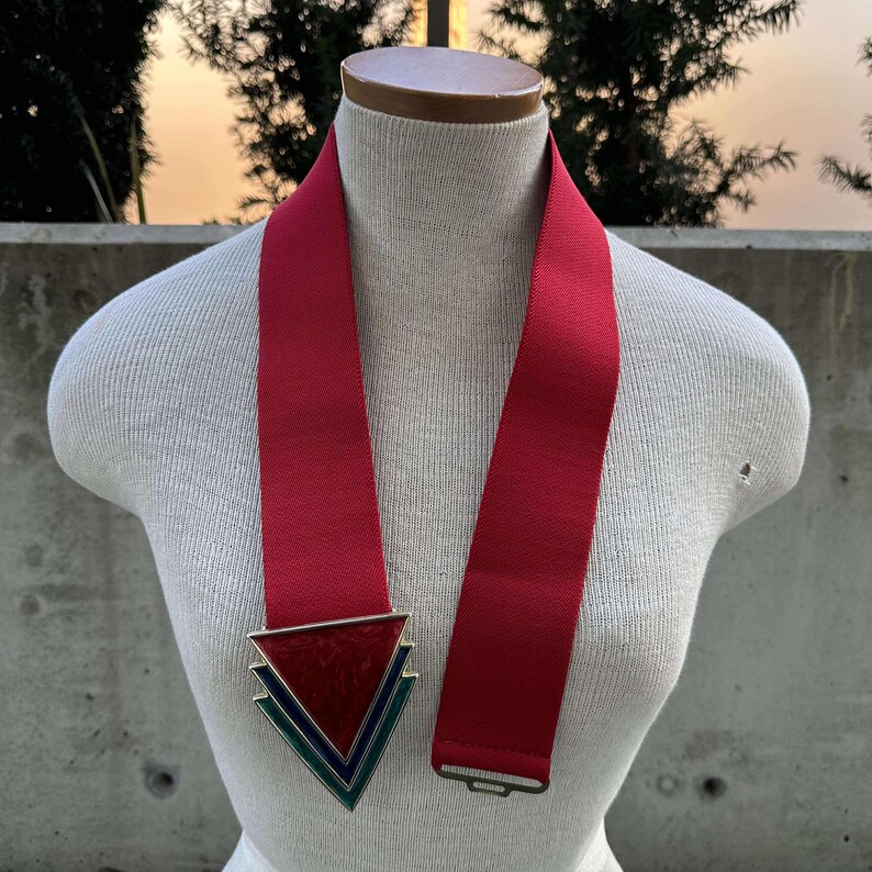 80s Nan Lewis Elastic Belt, Red Cinch Belt, Layered Triangle Enamel ...