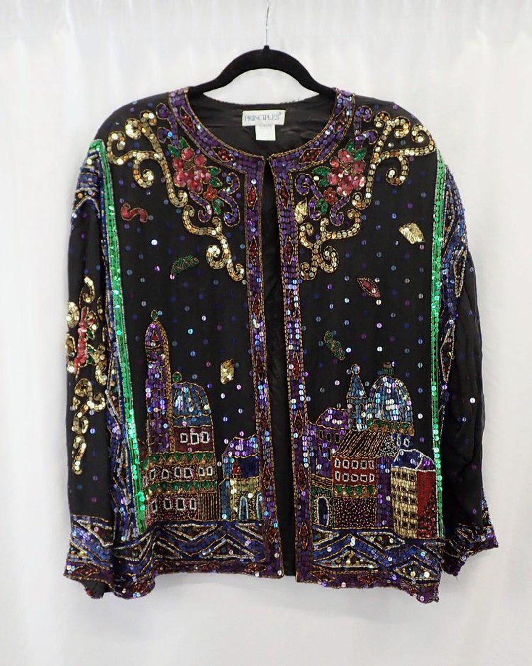 80s Principles Black Multicolored Beaded and Sequined Silk Cardigan ...