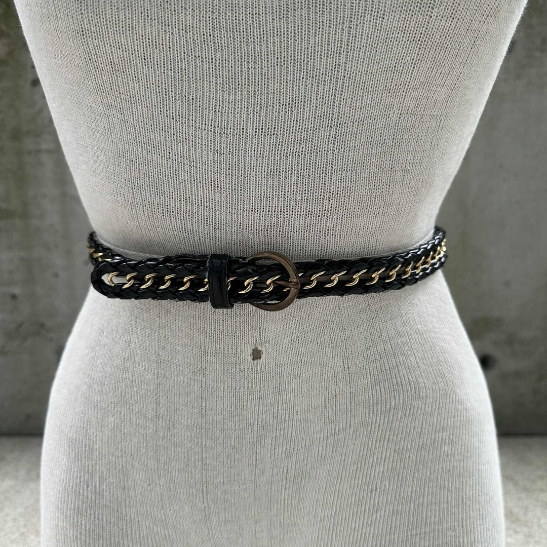 90s Black and Gold Braided Chain Belt, Wet Look Maximalist Statement ...