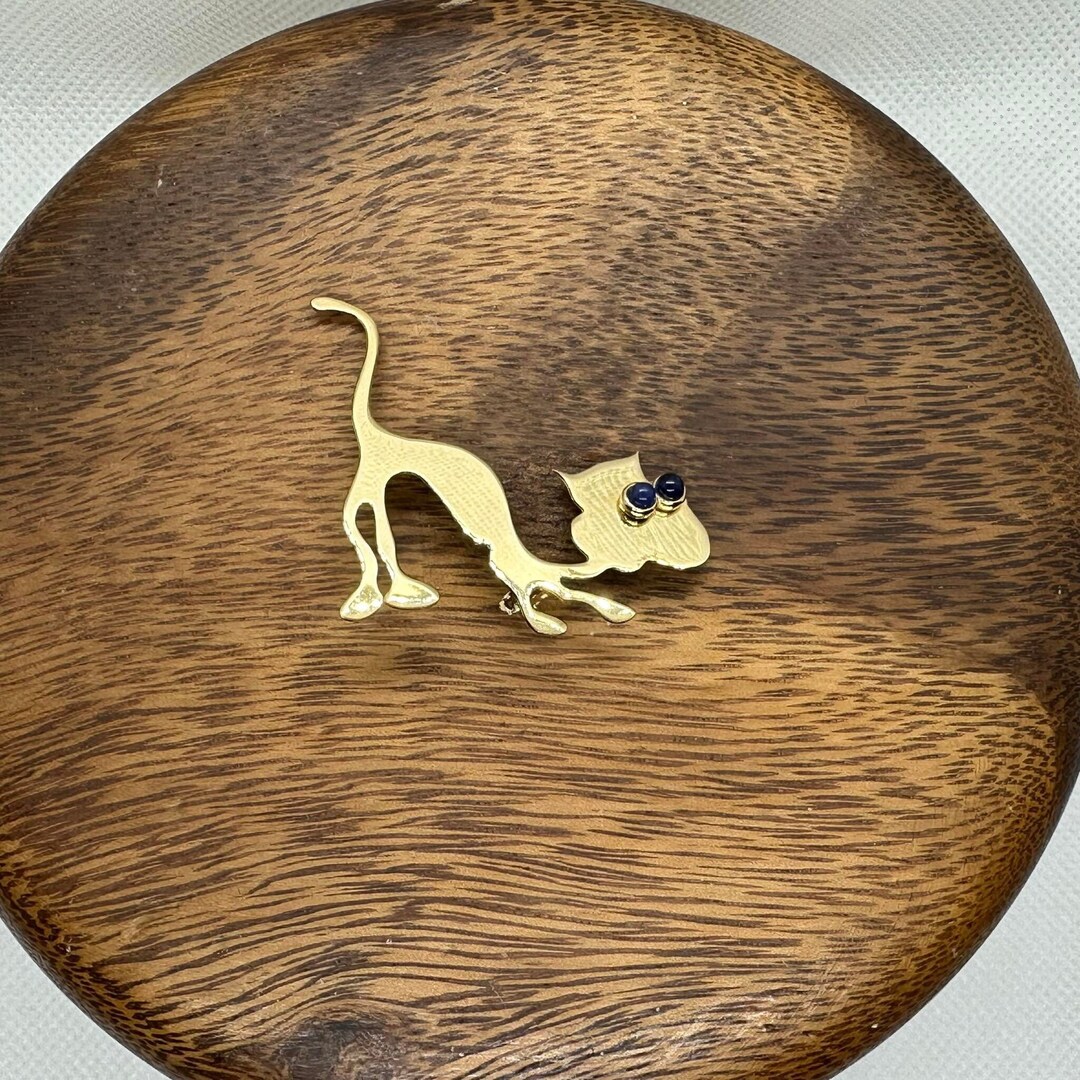 90s Gold Tone Cat Brooch, Stretching Cat Pin, Blue Glass Beads, Crazy ...