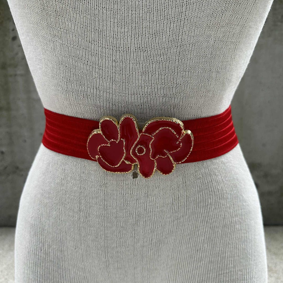 80s Red Elastic Belt, Enamel Chunky Abstract Flowers Buckle, Romantic ...