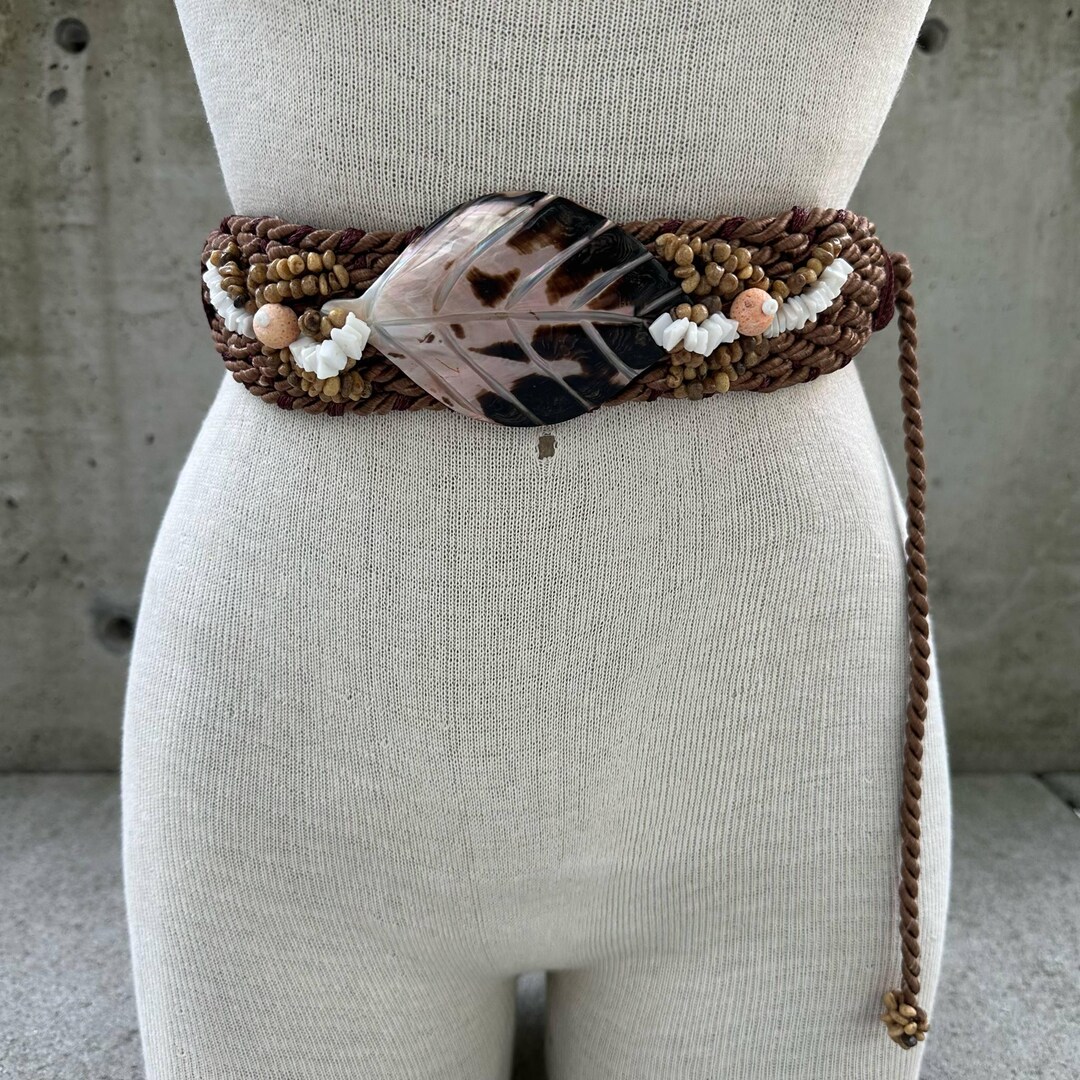 80s Leaf Shell Boho Rope Tie Belt, Brown Twisted Rope Waistband, Mother ...