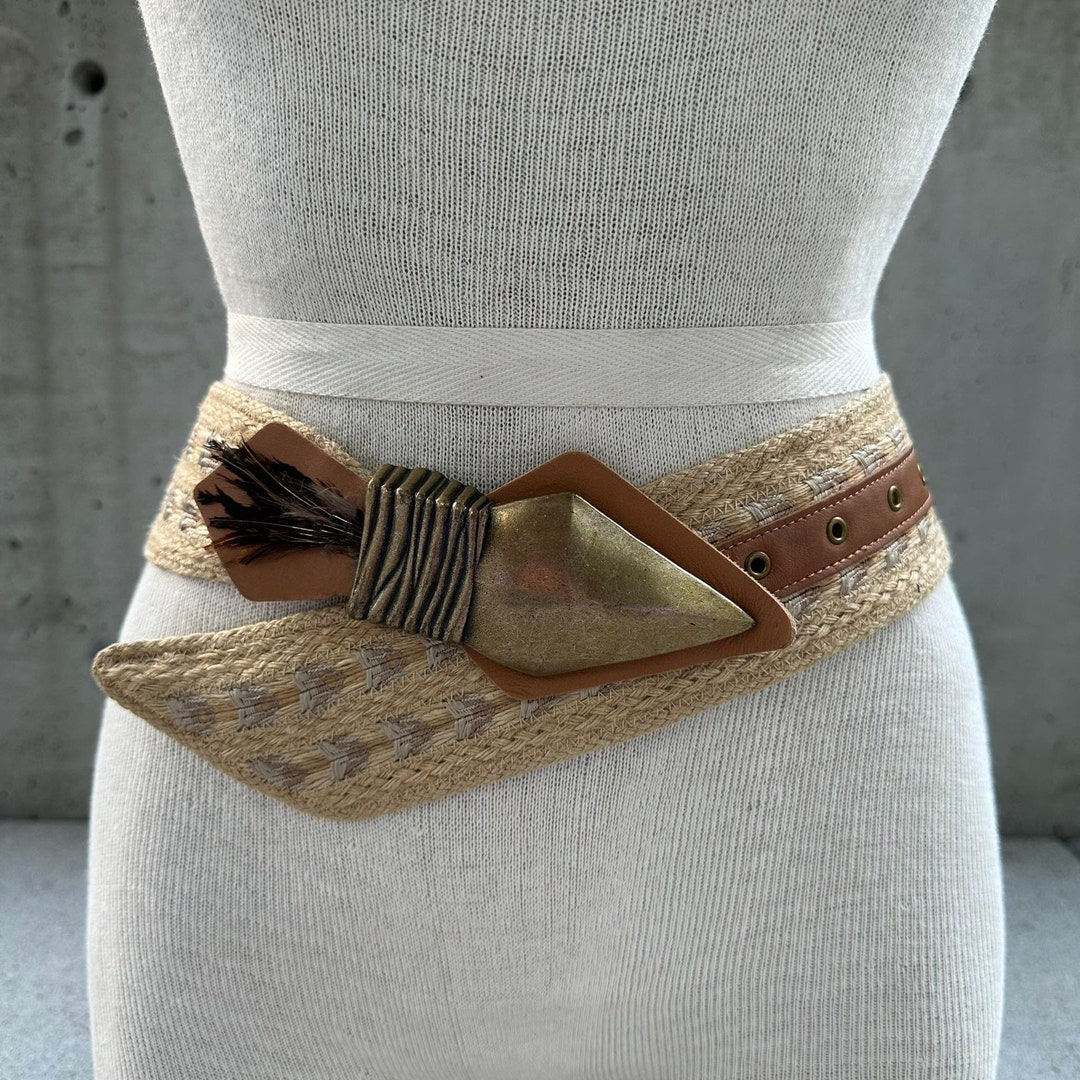 90s Jute Belt, Chunky Arrowhead Buckle With Feathers, Vintage Summer ...
