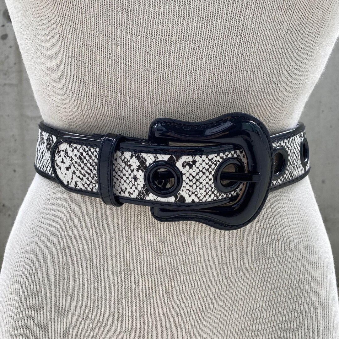 90s Python Print Faux Leather Belt, Vintage Black and White Belt, Faux ...