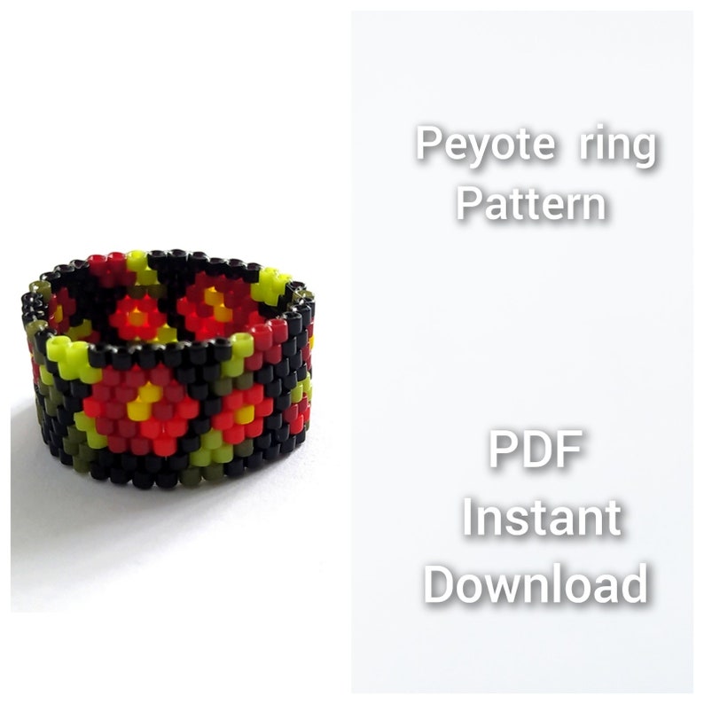 Beaded Ring Pattern - PDF Instant Download - Black Beaded Ring - Peyote Ring - Flower Pattern ...