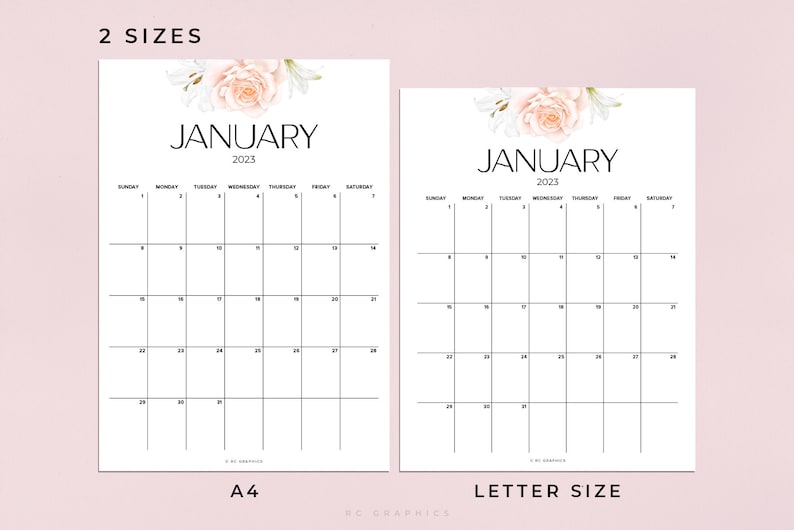 2023 Calendar Printable, Desk Calendar Monthly, Flowers Watercolor, PDF ...