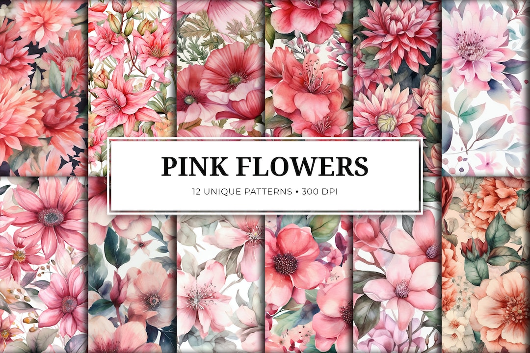 Pink Watercolor Flowers Medley Digital Paper - Flower Patterns - 12 ...