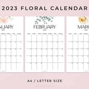 2023 Calendar Printable, Desk Calendar Monthly, Flowers Watercolor, PDF ...