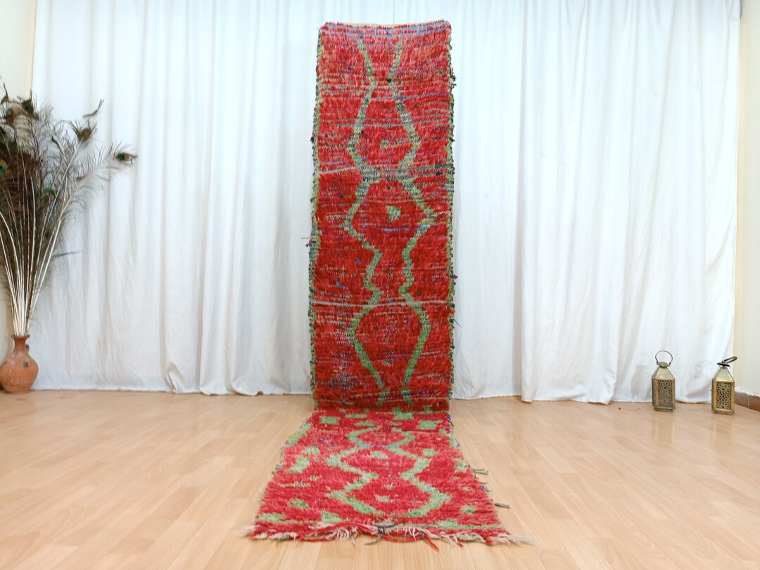Red and Green Rug, 2x10 Handmade Moroccan Rug, Wool and Cotton Rug ...