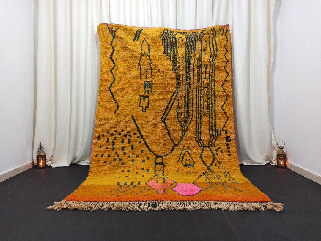 Artistic Moroccan Rug, Area Handmade Rug, Bohemian Mustard Rug, Berber ...