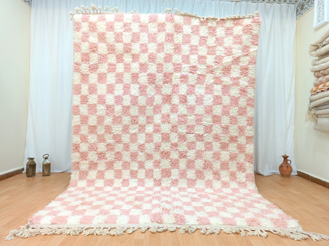 Checkered Pink Rug, Handmade Custom Rug, Pink and White Rug, Moroccan ...