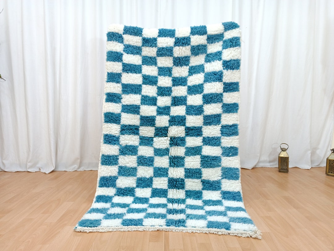 Checkerboard Blue Rug, 3x5 Area Handmade Rug, Berber Wool Rug, Moroccan ...