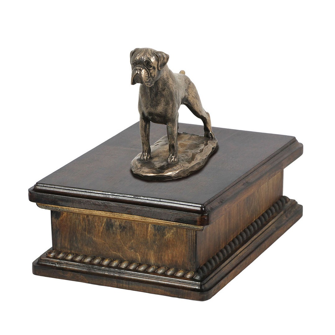 Boxer Uncropped Urn for Dog Ashes, Memorial With Statue on Top, Lower ...