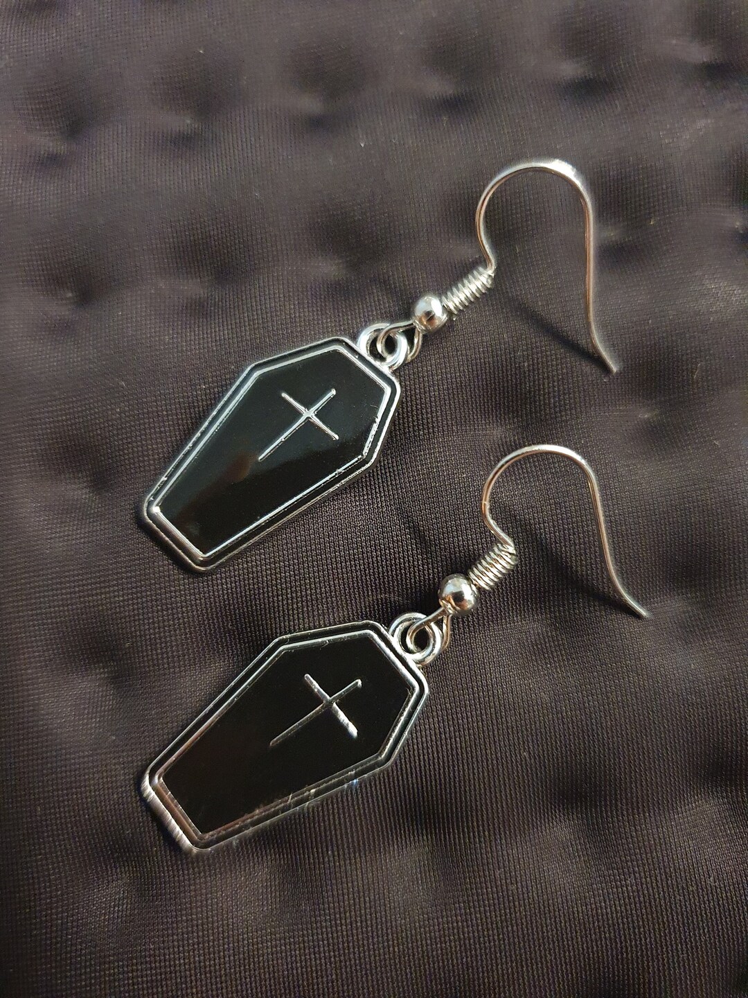 Silver Cross Black Coffin Earring, Handcraft Halloween Alloy Enamel ...