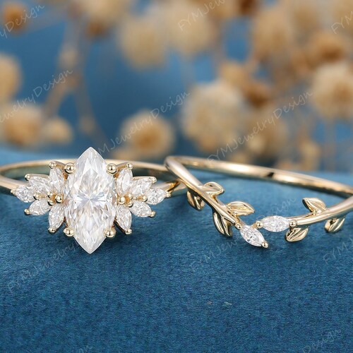 2PCS Unique Marquise Cut Moissanite Engagement Ring Vintage - Etsy