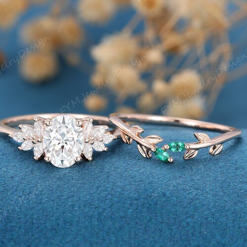 2PCS Unique Marquise Cut Moissanite Engagement Ring Vintage - Etsy