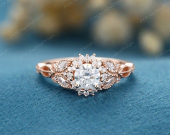 Vintage Round Cut Moissanite Engagement Ring Rose Gold Unique | Etsy