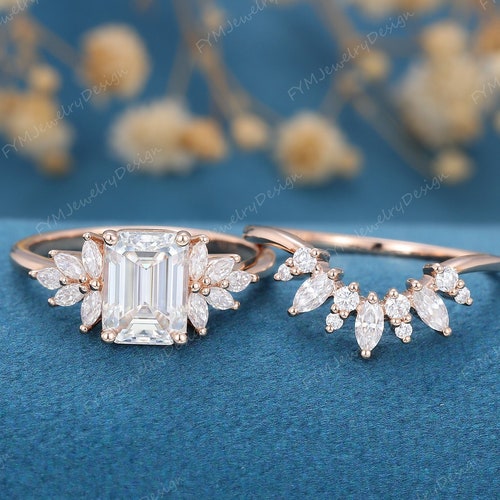 Emerald Cut Moissanite Engagement Ring Set Rose Gold - Etsy