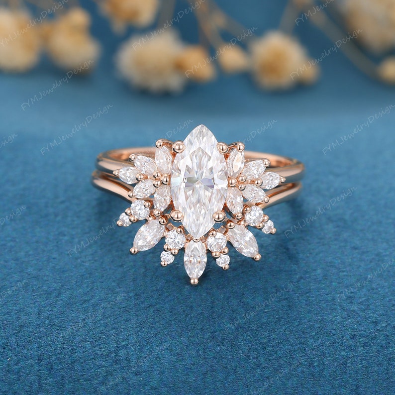 Marquise Cut Cluster Moissanite Engagement Ring Set Women - Etsy