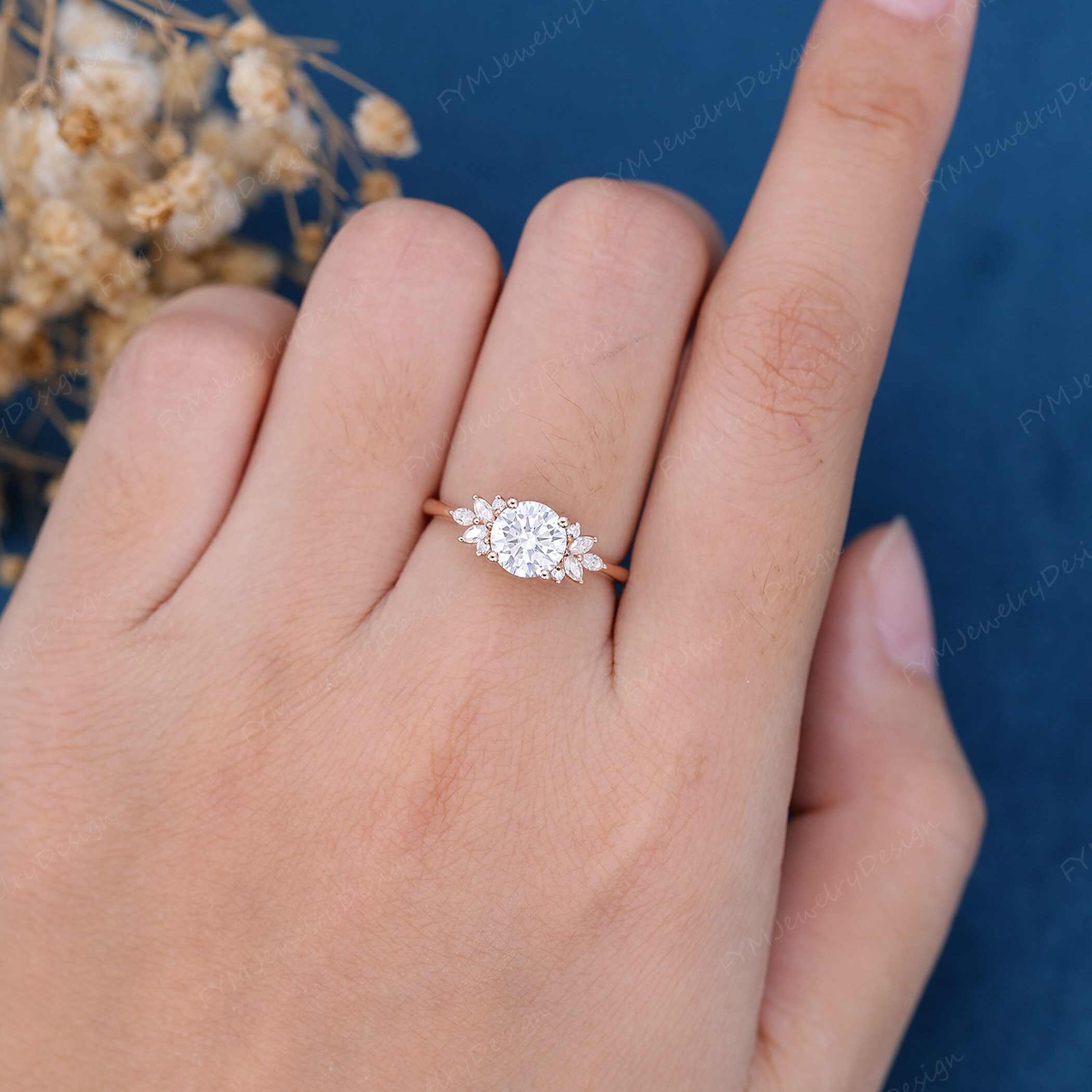 Round Cut Cluster Moissanite Engagement Ring Vintage 14K Rose | Etsy