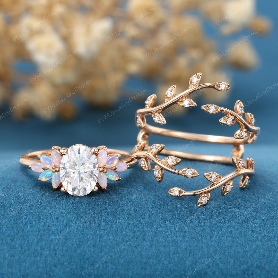 Vintage Oval Cut Moissanite Leaf Engagement Ring Set Unique Rose Gold ...