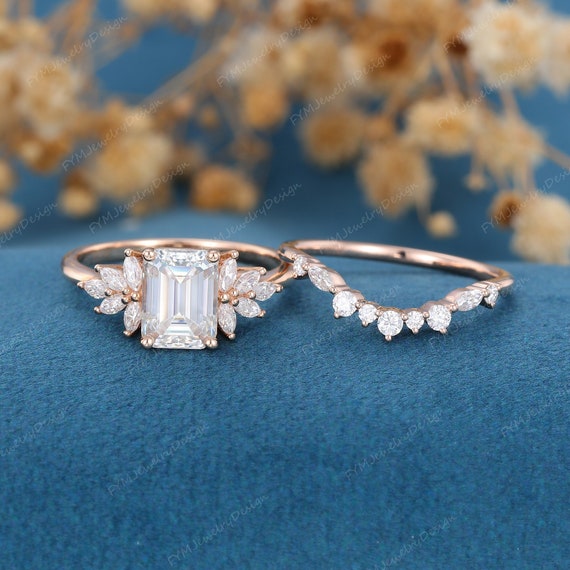 Emerald Cut Moissanite Engagement Ring Set Vintage Cluster - Etsy