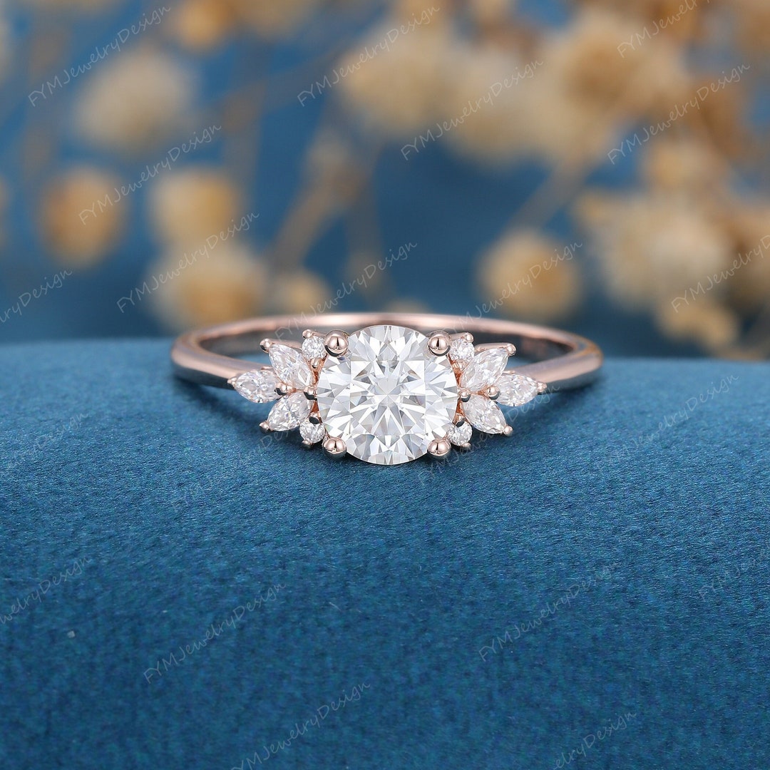 Round Cut Cluster Moissanite Engagement Ring Vintage 14K Rose Gold ...