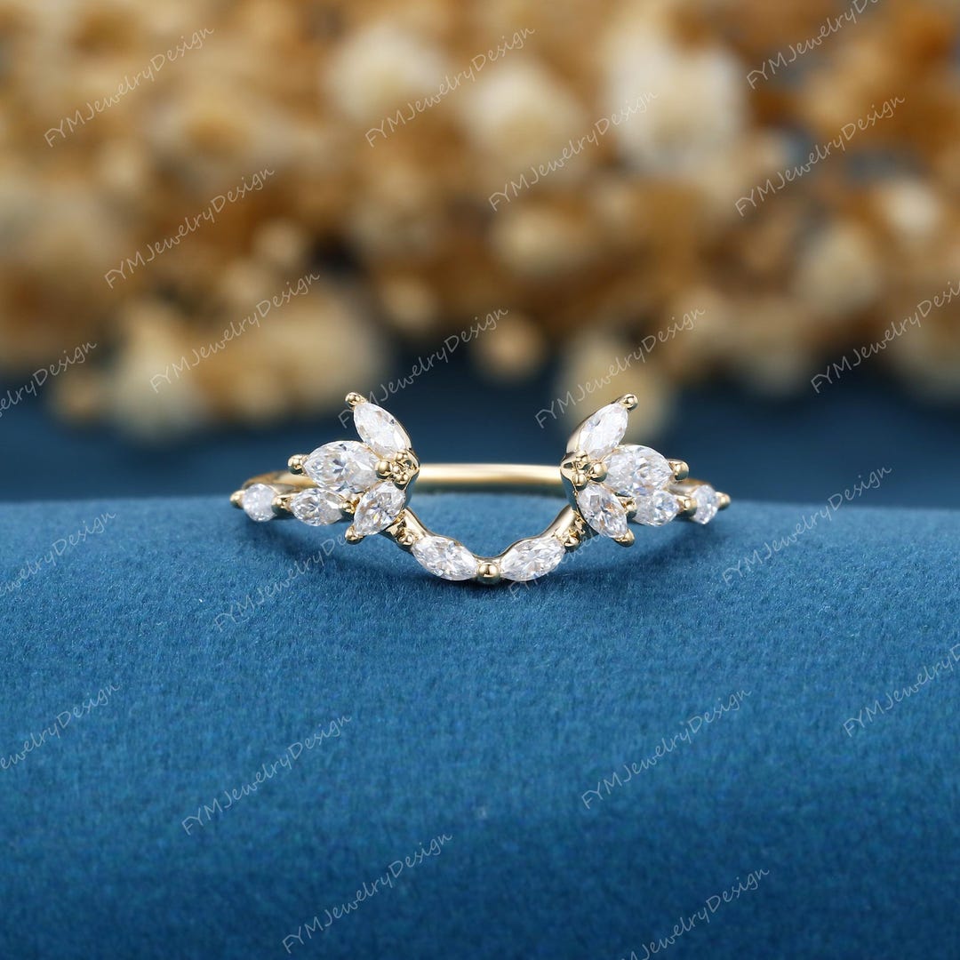 Unique Marquise Cut Moissanite Ring Yellow Gold Wedding Band Curved ...