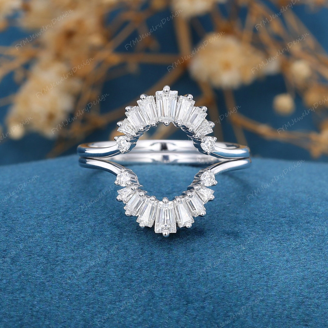 Double Curved Wedding Band Vintage Baguette Moissanite Wedding Band ...