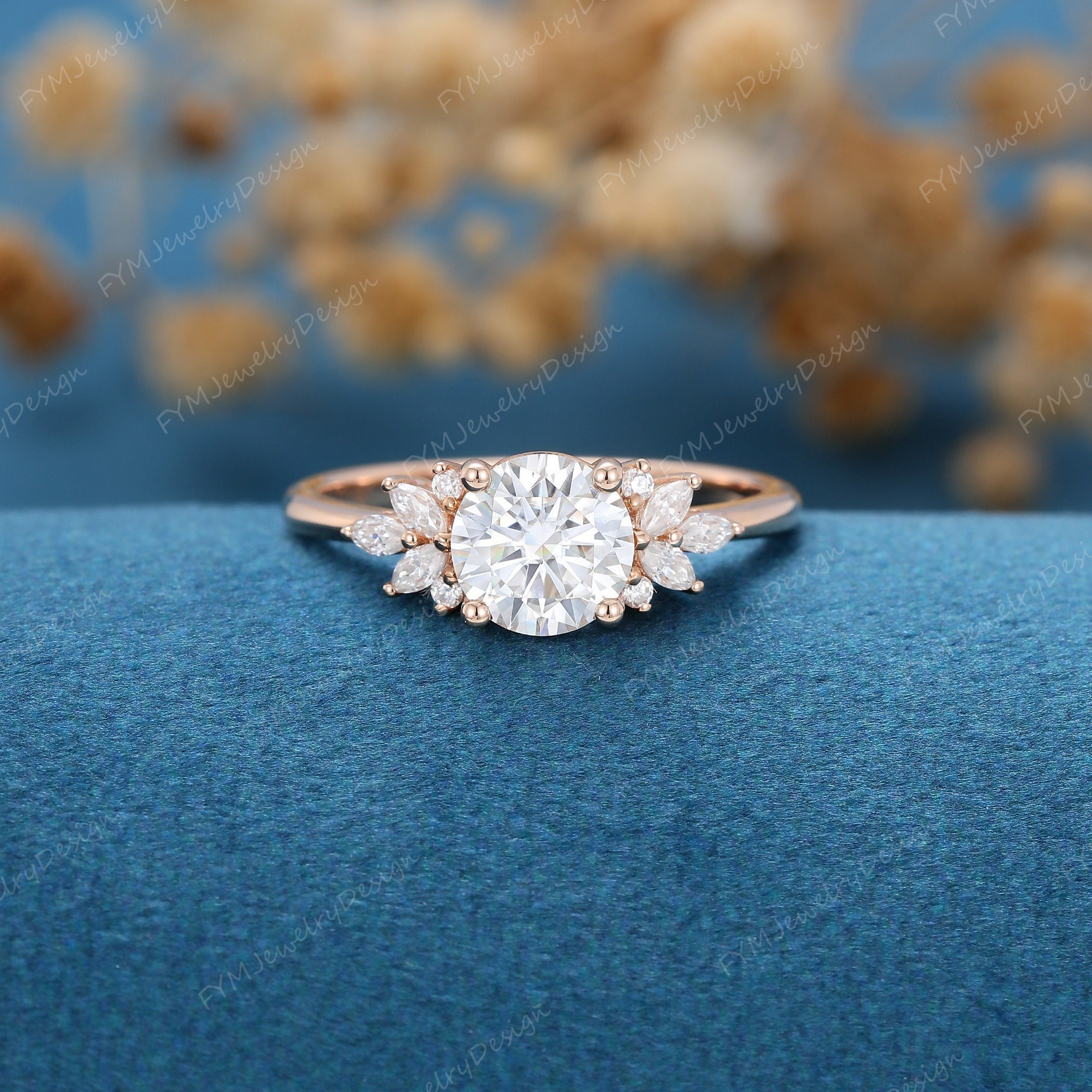 Round Cut Cluster Moissanite Engagement Ring Vintage 14K Rose | Etsy