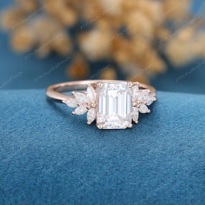 2pcs Emerald Cut Moissanite Engagement Ring Rose Gold Cluster ...