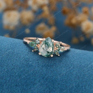 Pear Shaped Moss Agate Engagement Ring Vintage Rose Gold Engagement Ring Moss Agate Cluster ...