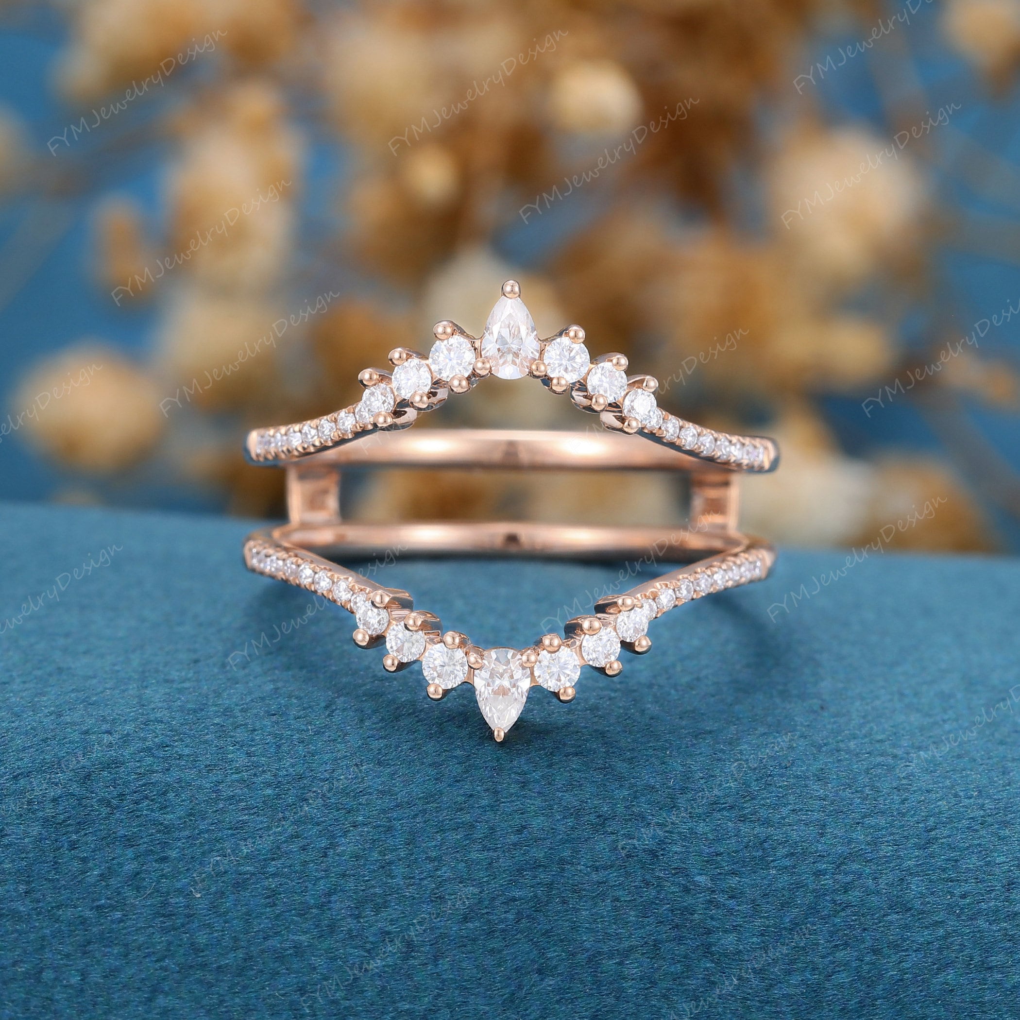 Double Curved Wedding Band for Women 14K Rose Gold Diamond Half ...