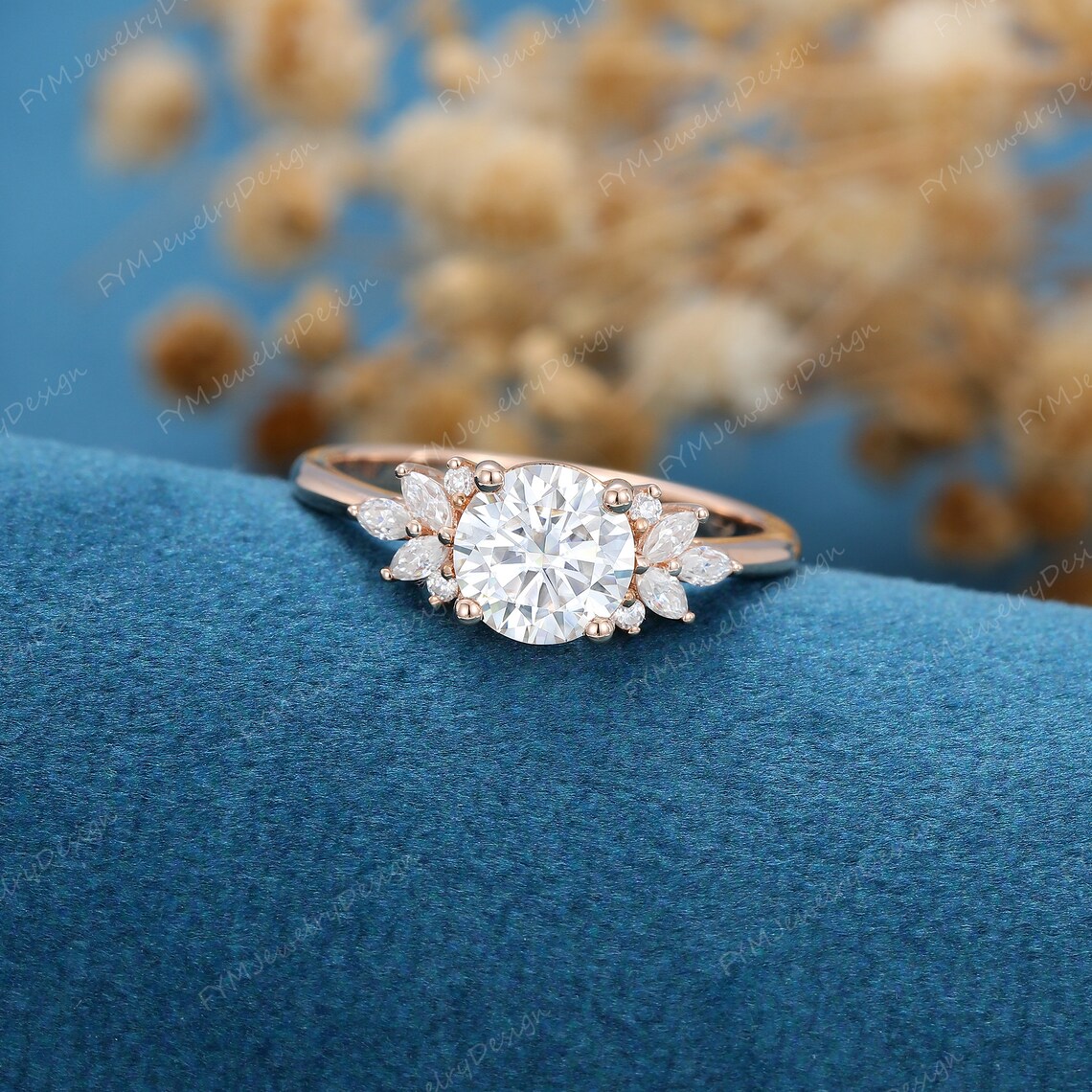 Round Cut Cluster Moissanite Engagement Ring Vintage 14K Rose | Etsy