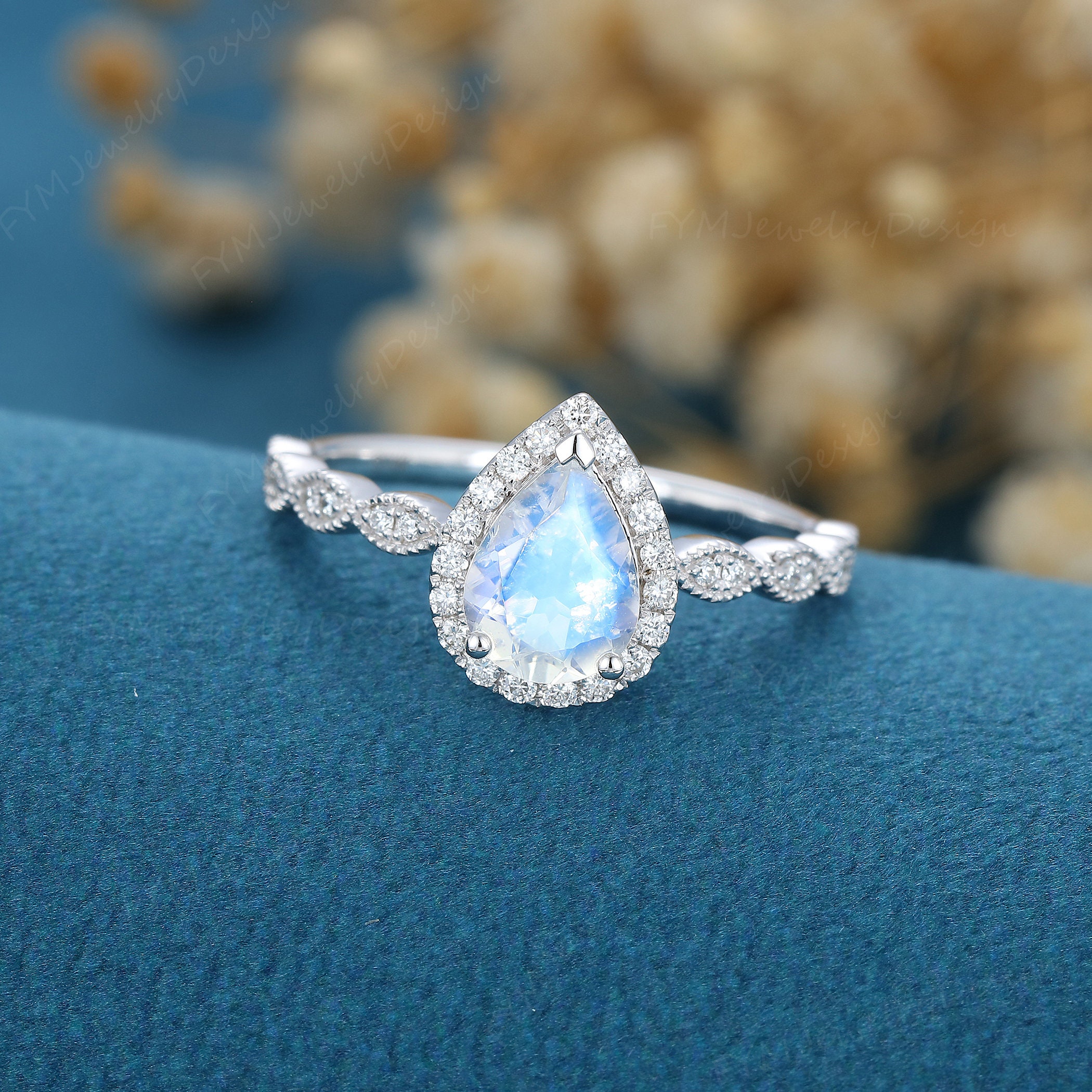Pear Shaped Moonstone Engagement Ring White Gold Halo Diamond | Etsy