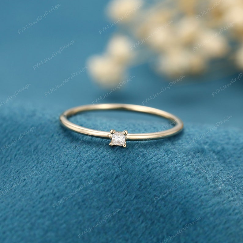 Minimalist Diamond Engagement Ring 14K Yellow Gold Everyday Square Cut ...