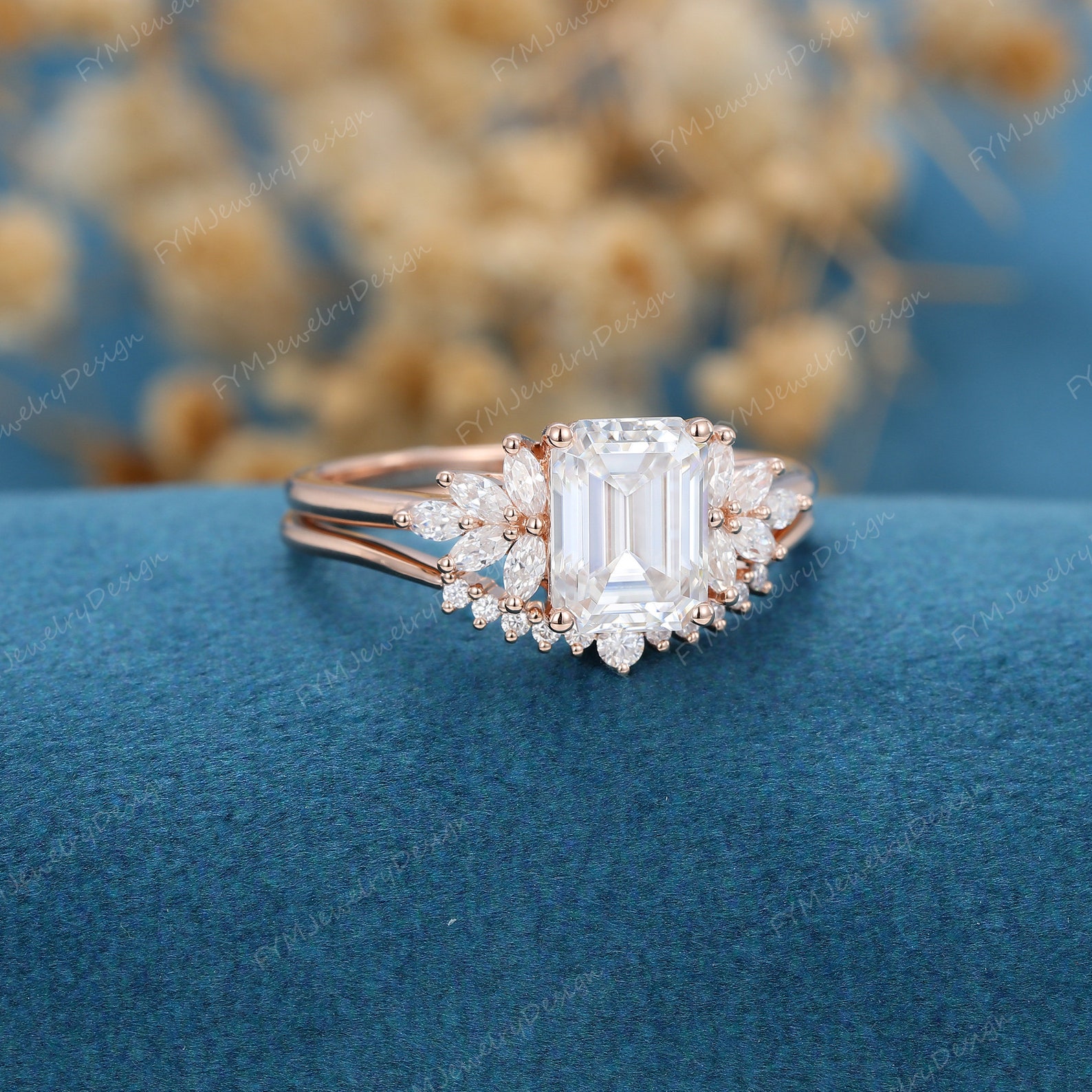 2pcs Emerald Cut Moissanite Engagement Ring Rose Gold Cluster | Etsy