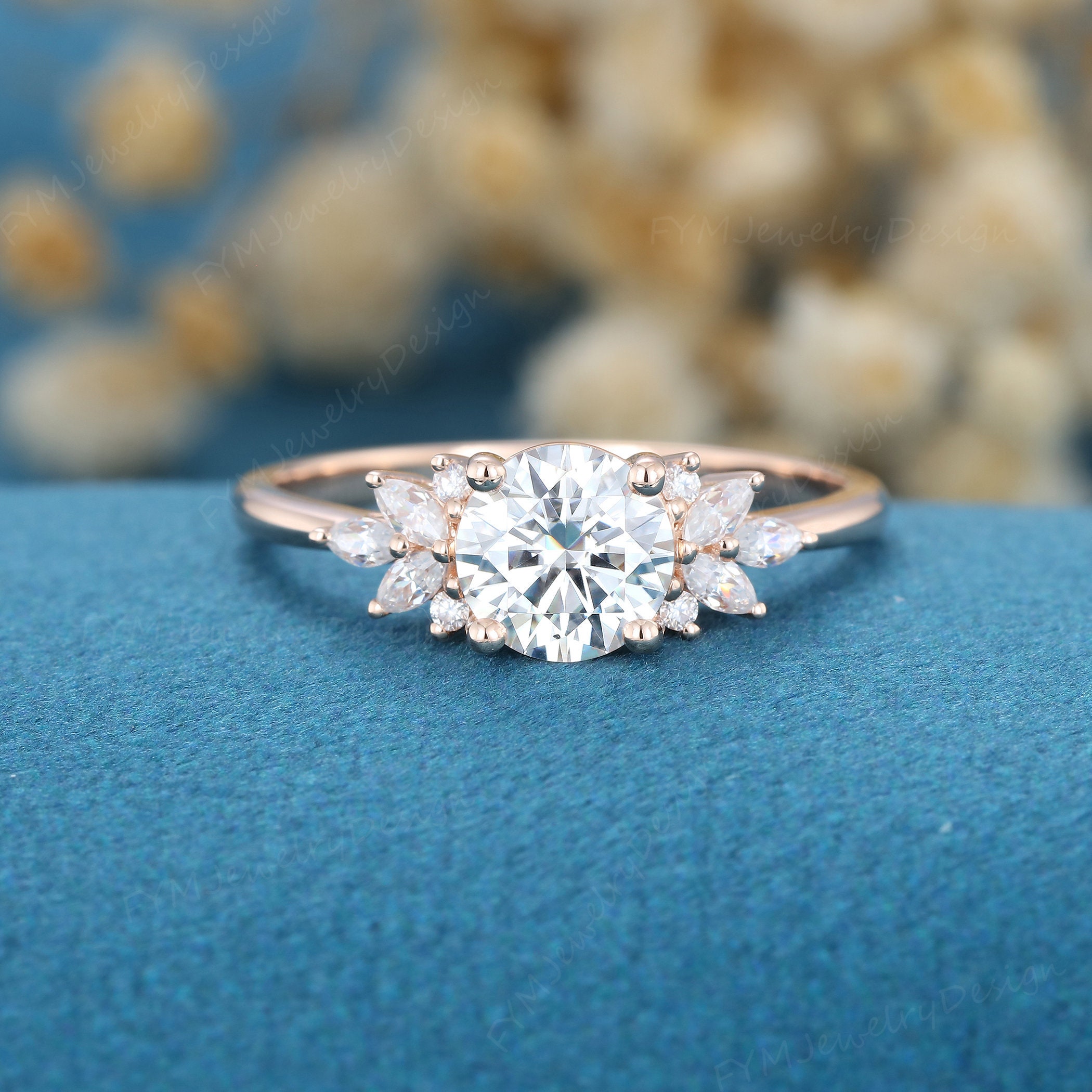 Round cut Cluster Moissanite engagement ring vintage 14K Rose | Etsy